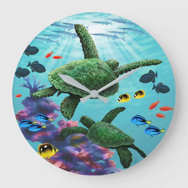 Molokini Cove Hawaiian Sea Turtles Tropical Large Clock | Zazzle