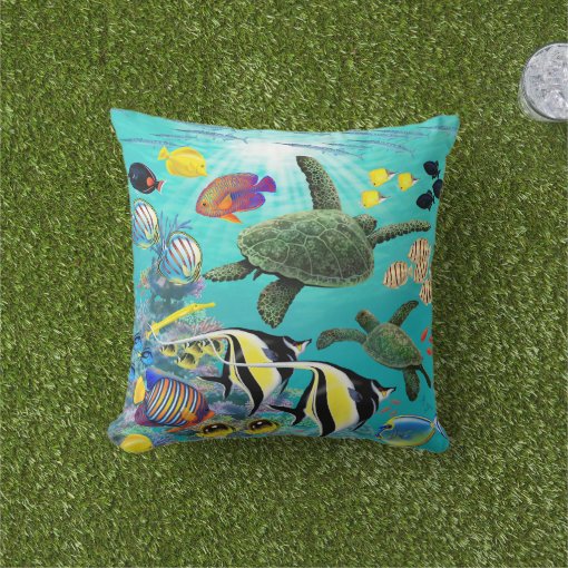 Molokini Cove Hawaiian Tropical Fish Sea Turtle Outdoor Pillow | Zazzle