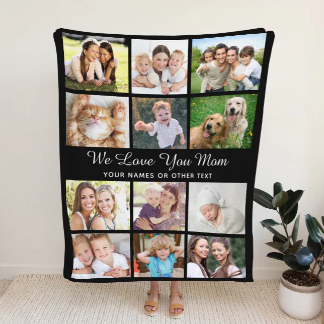 Mom 12 Photo Collage Black Fleece Blanket | Zazzle
