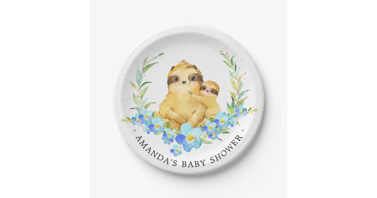 Mom & Baby Sloth Boys Baby Shower 7" Plate | Zazzle