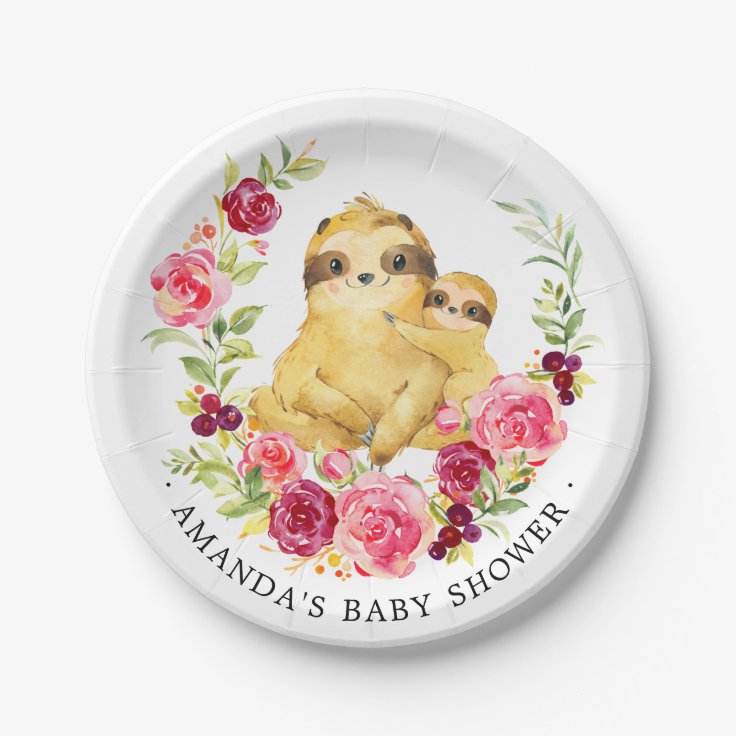 Mom & Baby Sloth Girls Baby Shower 7" Plate | Zazzle