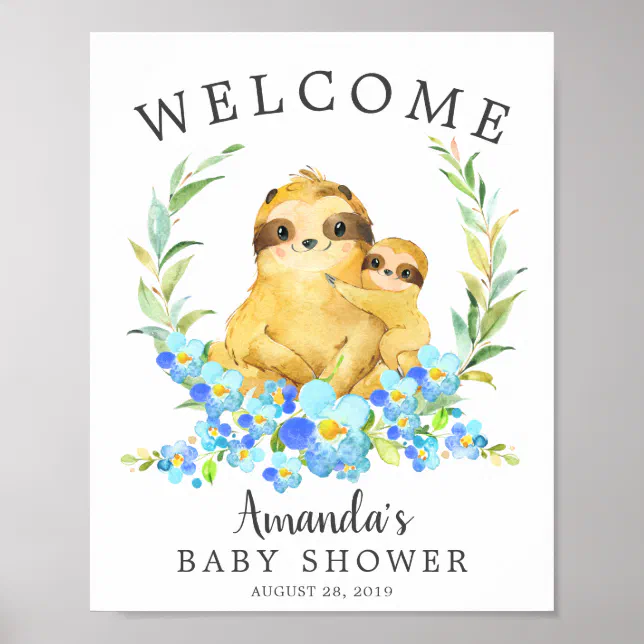 Mom & Baby Sloth Welcome Baby Shower Poster | Zazzle