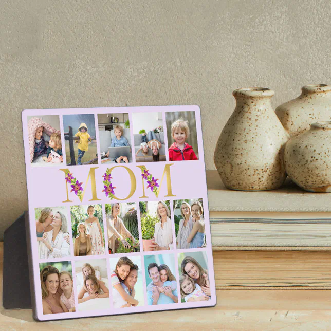 Mom Gold Letters 15 Vertical Photo Collage Lilac Plaque | Zazzle