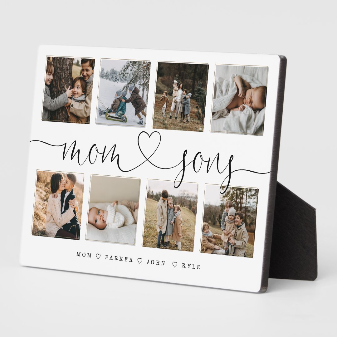 Mom & Sons Heart Script | Photo Grid Collage Plaque | Zazzle