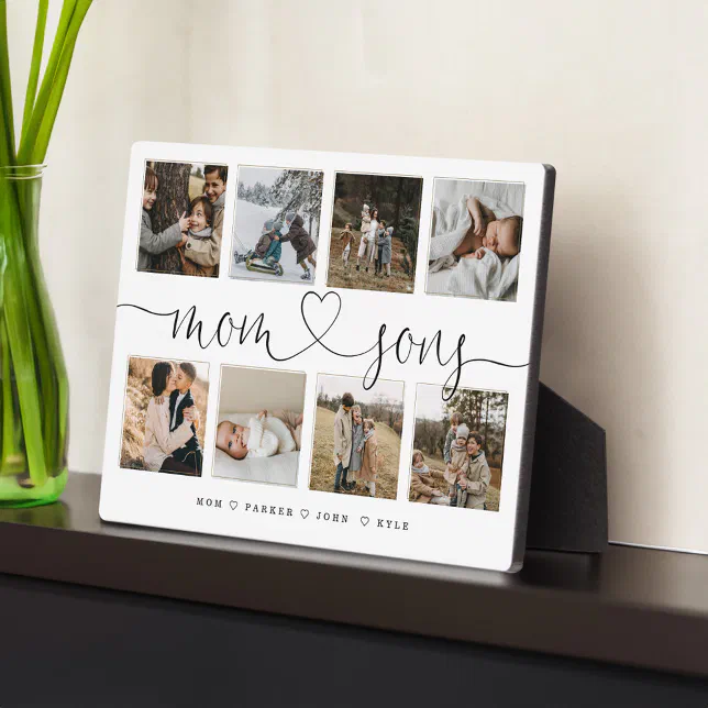 Mom & Sons Heart Script | Photo Grid Collage Plaque | Zazzle