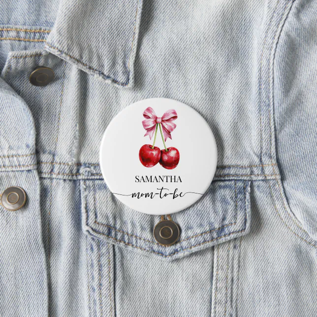 Mom to Be Cherry Pink Coquette Baby Shower Button | Zazzle