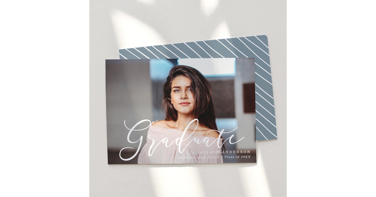 Momentous Script Slate Blue Graduation Photo Announcement | Zazzle