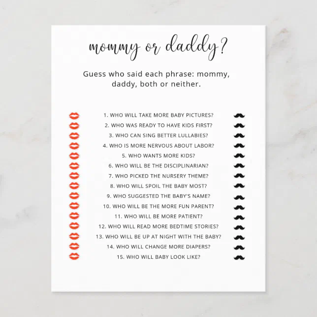 mommy or daddy baby shower game | Zazzle