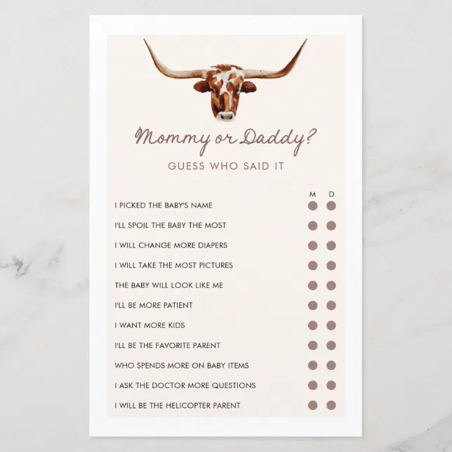 Mommy or Daddy Cowboy Western Baby Shower Game | Zazzle