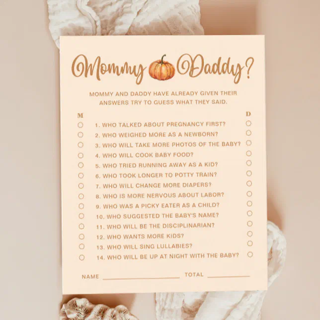 Mommy Or Daddy Fall Pumpkin Baby Shower Game | Zazzle