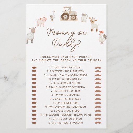 Mommy or Daddy Farm Animals Baby Shower Game | Zazzle