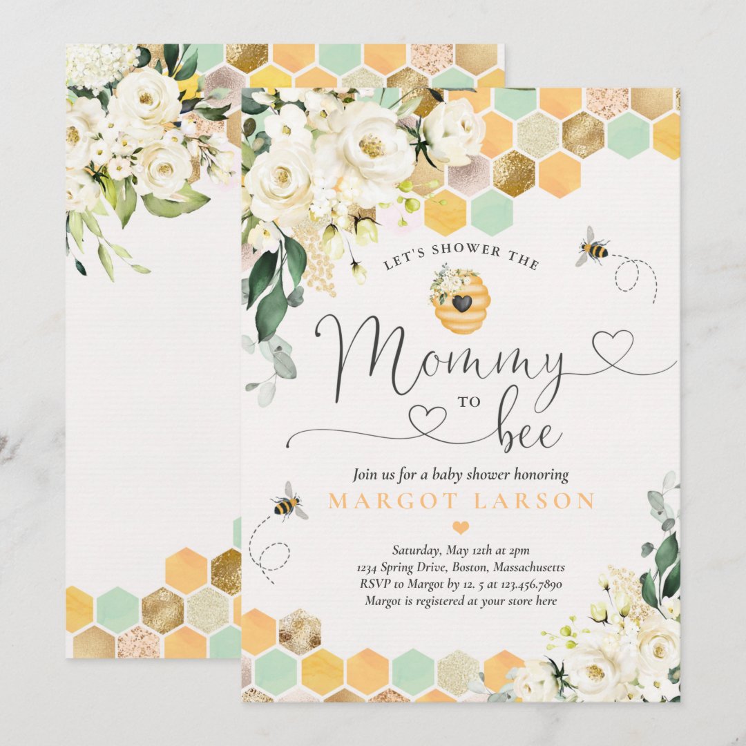 Mommy To Bee Greenery White Floral Bee Baby Shower Invitation | Zazzle