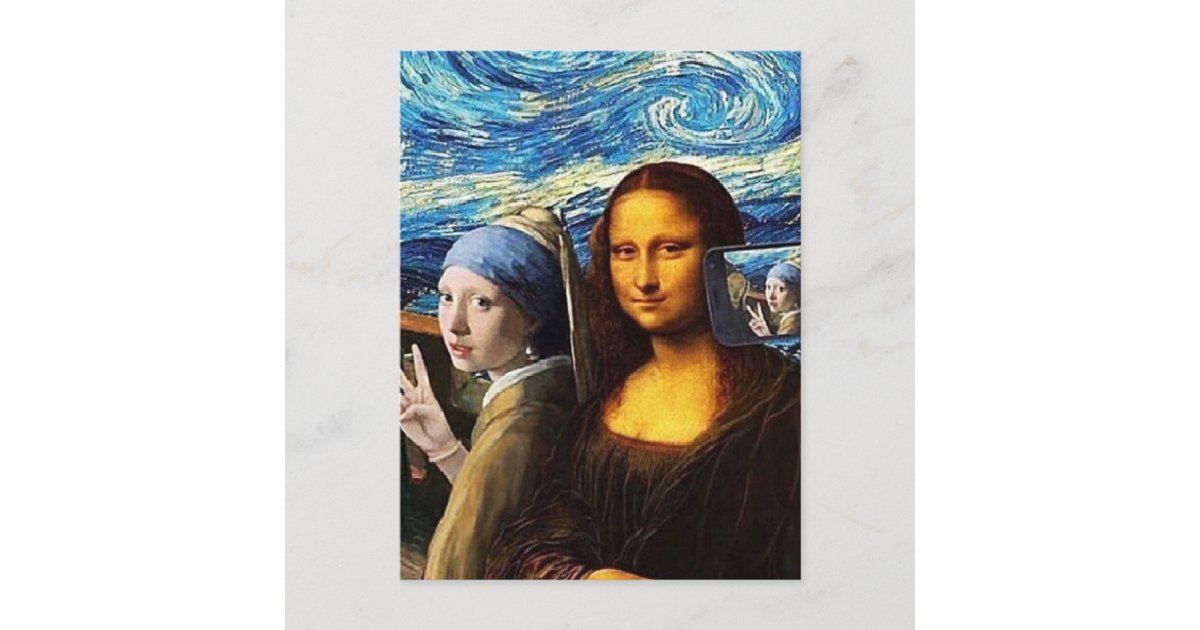 Mona Lisa and a girl taking a selfie Postcard | Zazzle