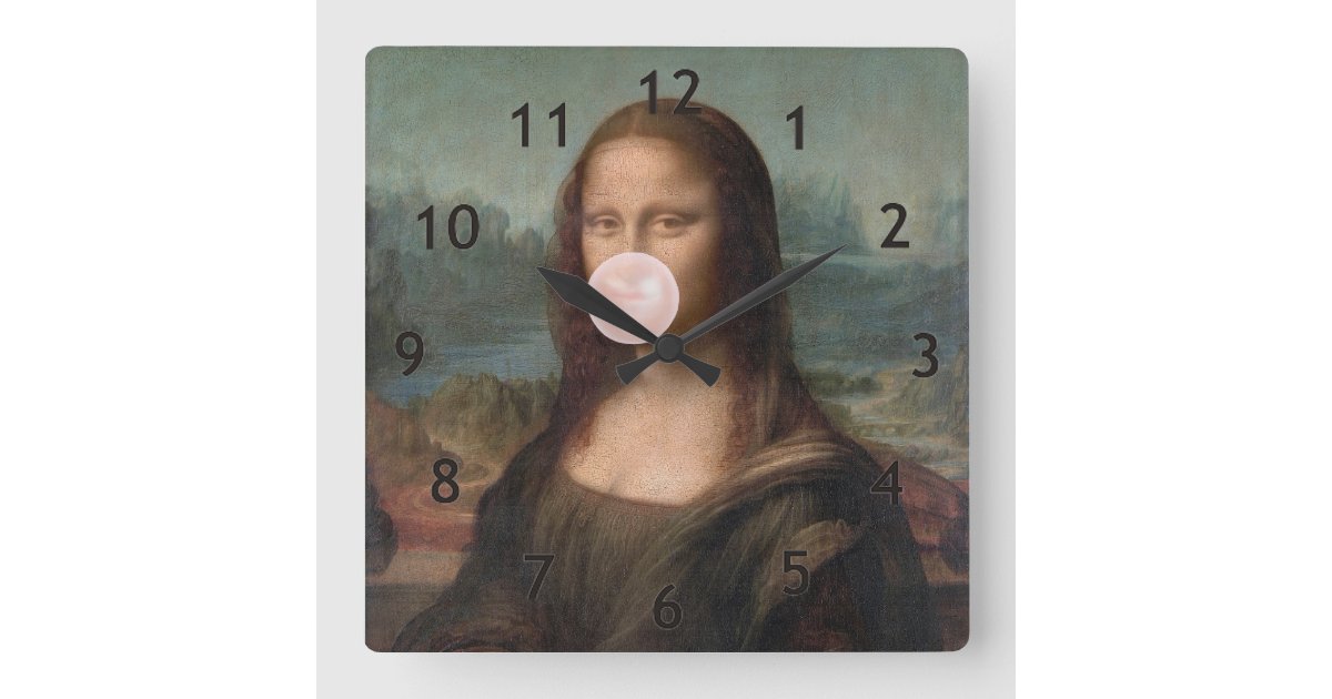 Mona Lisa Blowing Pink Bubble gum Square Wall Clock | Zazzle