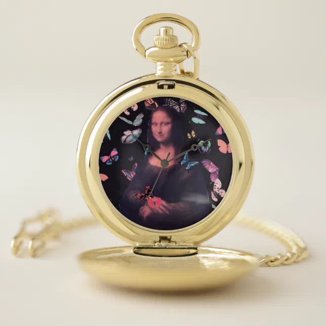 Mona Lisa butterfly pocket Gold watch | Zazzle