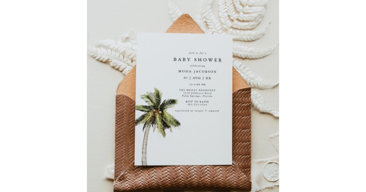 MONA Modern Tropical Palm Tree Beach Baby Shower Invitation | Zazzle