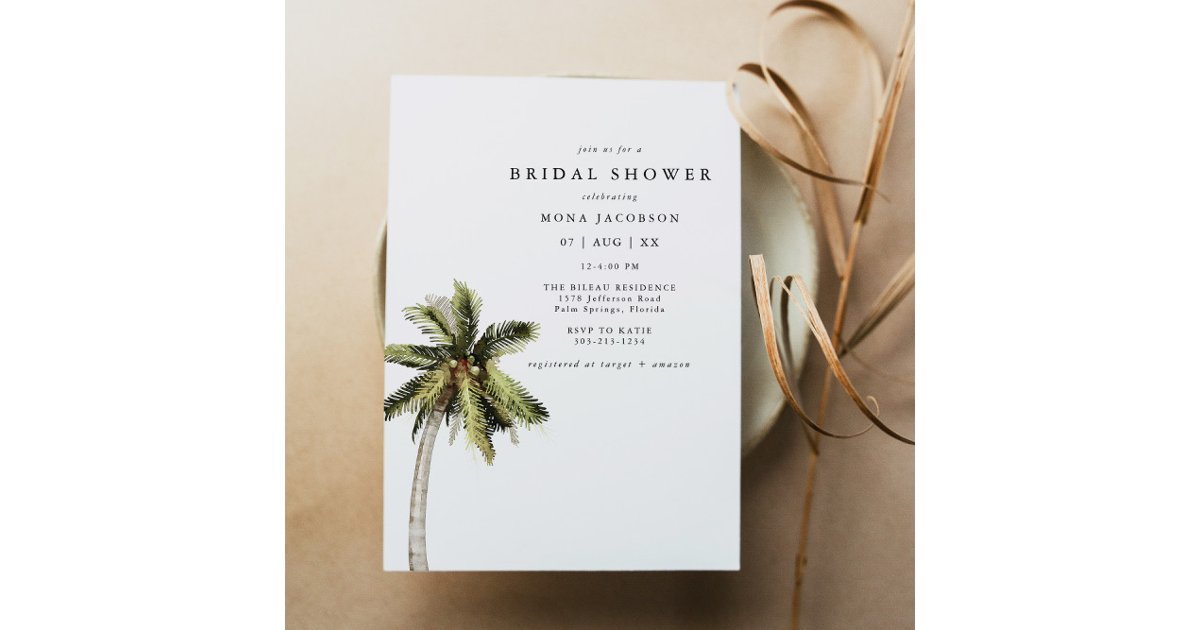 MONA Modern Tropical Palm Tree Beach Bridal Shower Invitation | Zazzle