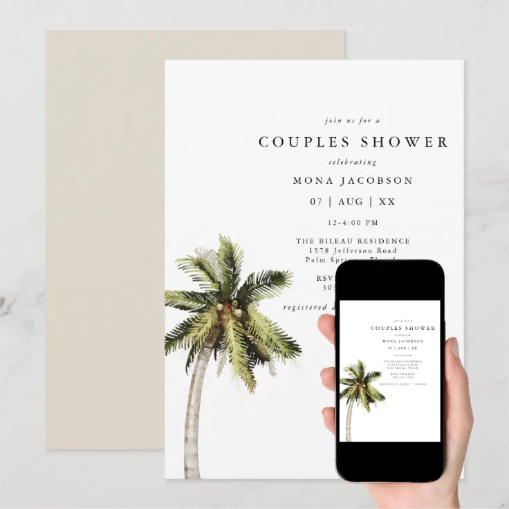 MONA Modern Tropical Palm Tree Couples Shower Invitation | Zazzle
