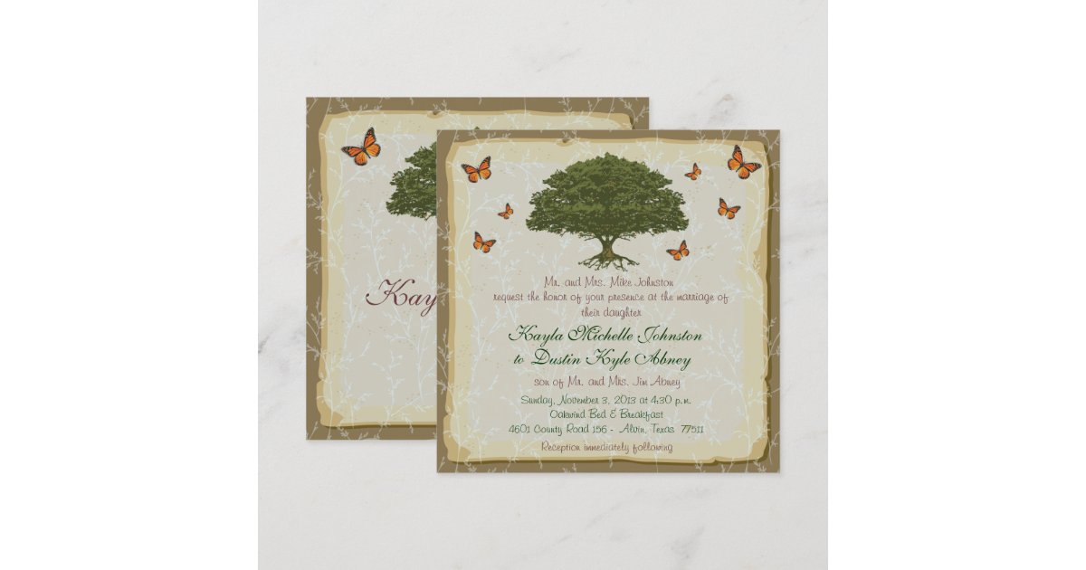 Monarch and Oak Tree Rustic Wedding Invitations | Zazzle