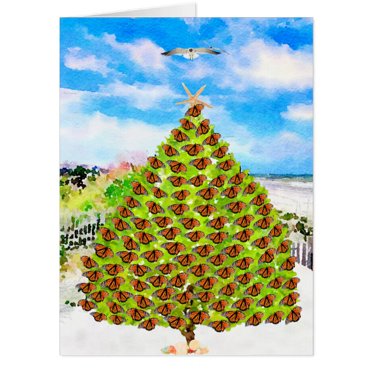 Monarch Butterflies Beach Christmas Tree Card | Zazzle
