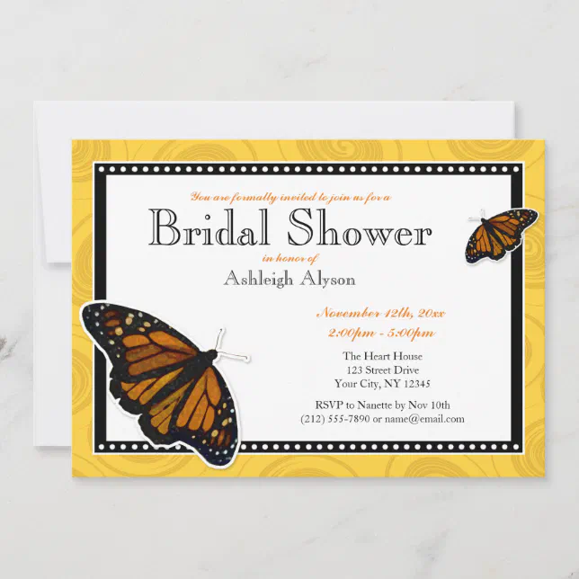 Monarch Butterfly Yellow Bridal Shower Invitations | Zazzle