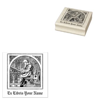 Monk At Medieval Writing Desk - Bookplate Rubber Stamp | Zazzle