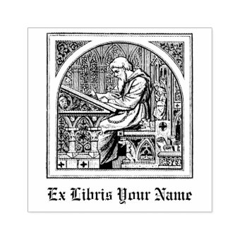 Monk At Medieval Writing Desk - Bookplate Rubber Stamp | Zazzle