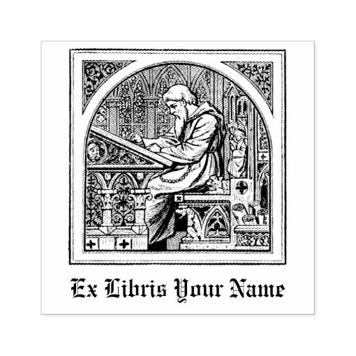 Monk At Medieval Writing Desk - Bookplate Rubber Stamp | Zazzle