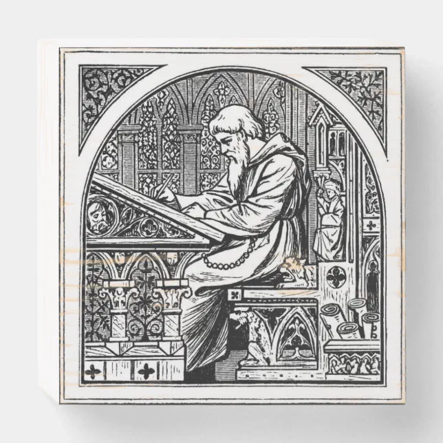 Monk At Medieval Writing Desk Wooden Box Sign | Zazzle