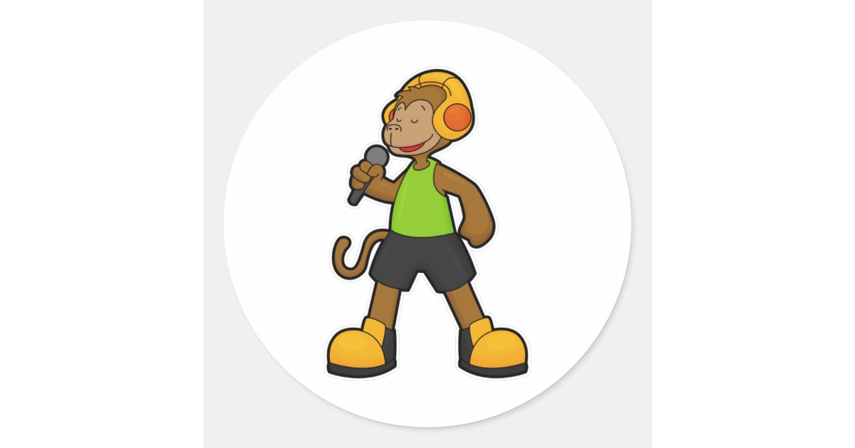 Monkey as Singer with Microphone & Headphone Classic Round Sticker | Zazzle