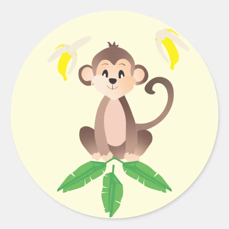 Monkey Bananas Peeled Tropical Leaves Yellow Classic Round Sticker | Zazzle