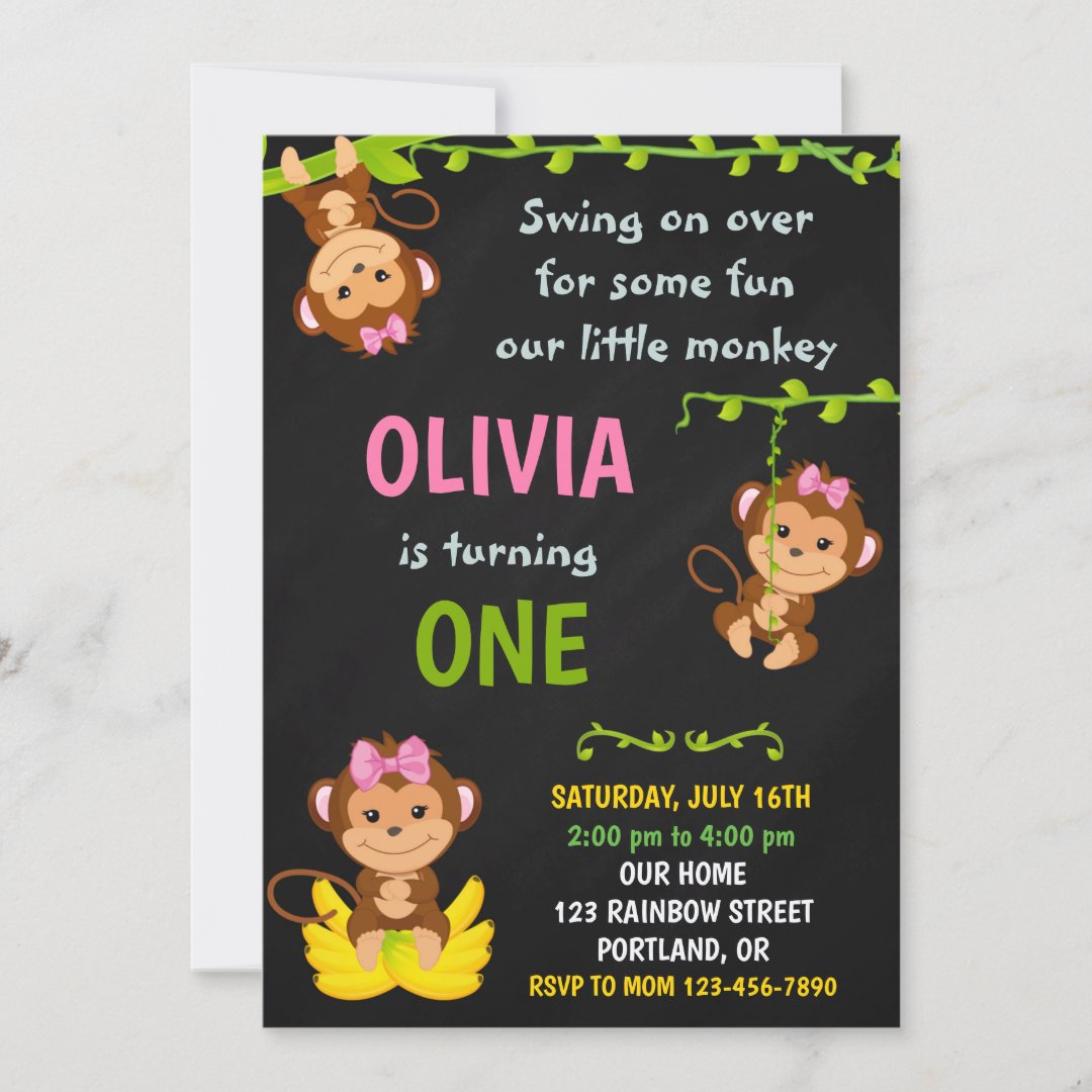 Monkey birthday invitation Girl 1st birthday party | Zazzle