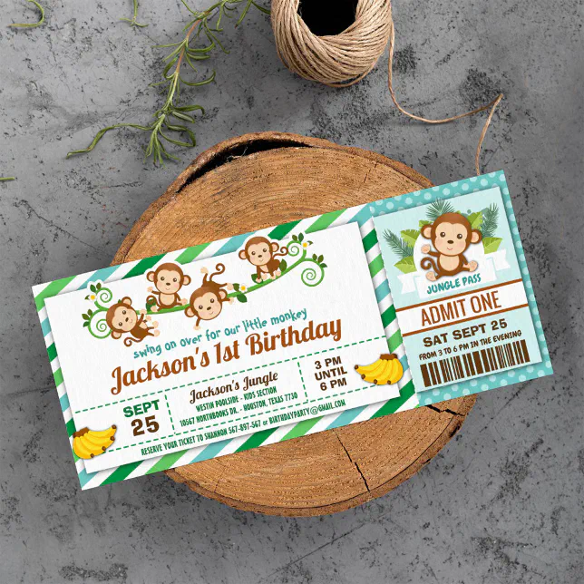 Monkey Boy Jungle Ticket Pass Birthday Party Invitation | Zazzle