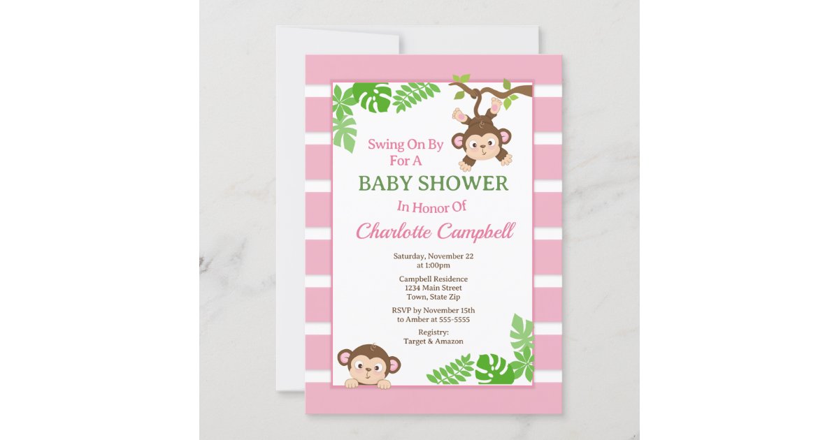 Monkey Girl Baby Shower Invitation, Pink Monkey In Invitation | Zazzle