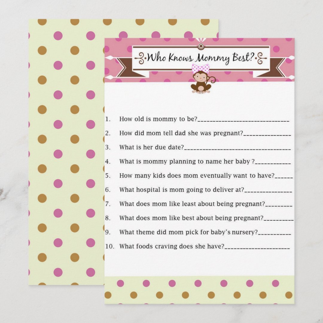 Monkey Girl Baby Shower Who Knows Mommy Best Game Invitation | Zazzle