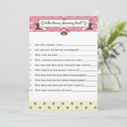 Monkey Girl Baby Shower Who Knows Mommy Best Game Invitation | Zazzle