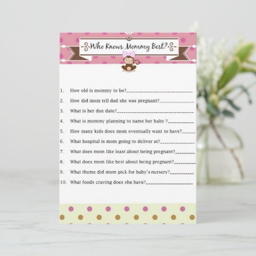 Monkey Girl Baby Shower Who Knows Mommy Best Game Invitation | Zazzle