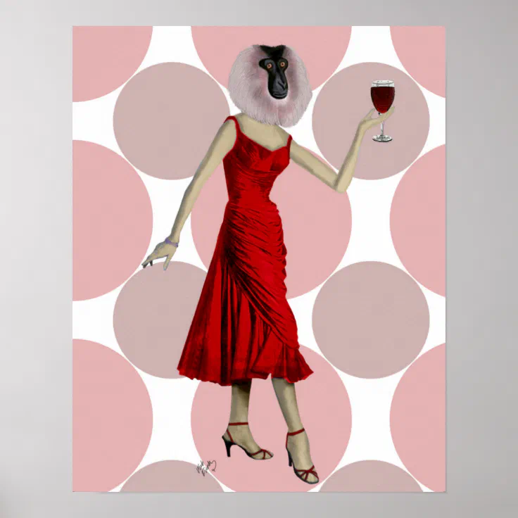 Monkey in Red Dress with wine Poster | Zazzle