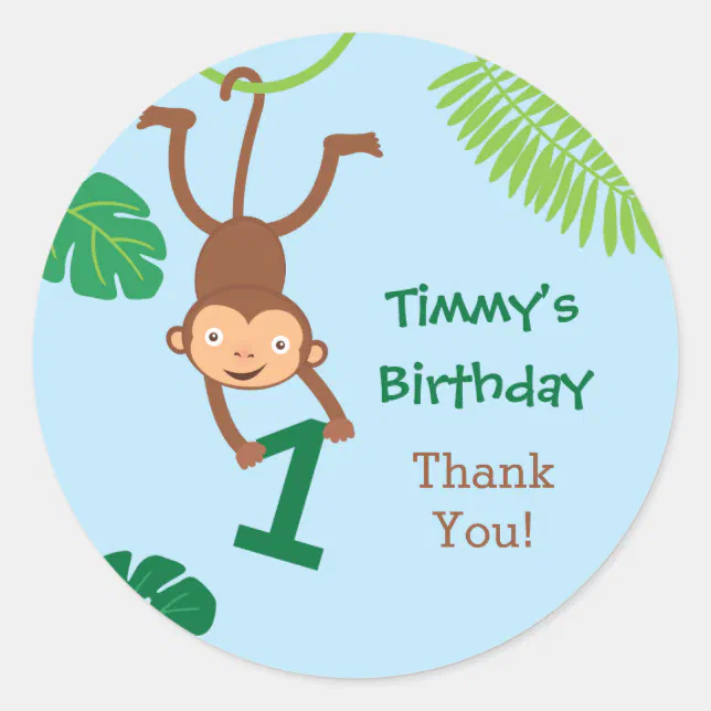 Monkey in the Jungle First Birthday Favor Sticker | Zazzle