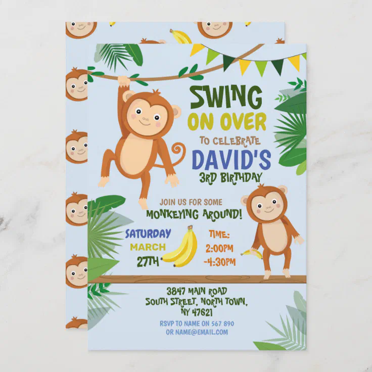 Monkey Party Birthday Swing Over Blue Invitation | Zazzle