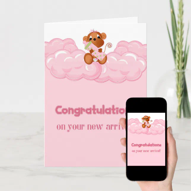 Monkey, Pink, Congratulations Baby Girl Card | Zazzle