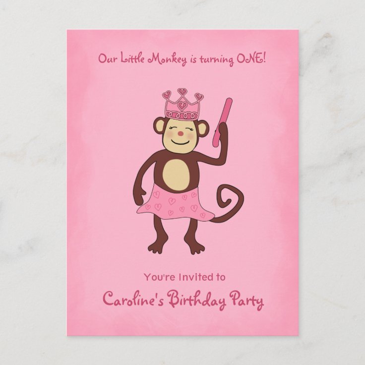 Monkey Princess 1st Birthday Invitation Postcard | Zazzle