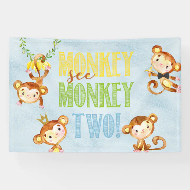 Monkey see monkey two boy birthday banner/backdrop banner | Zazzle