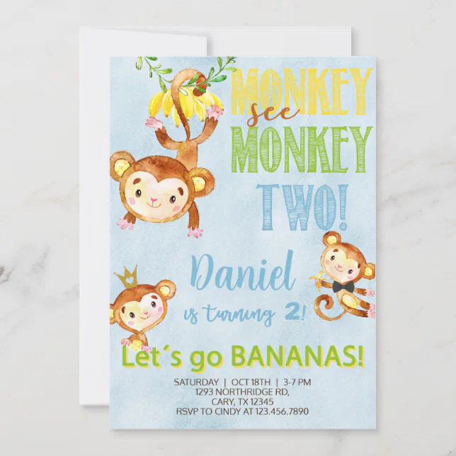 Monkey see monkey two boy birthday invite. invitation | Zazzle