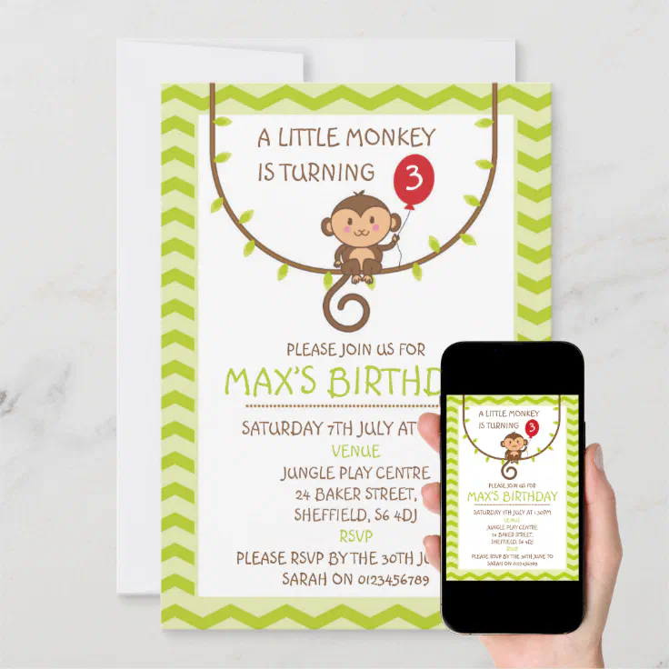 Monkey themed birthday party invitation | Zazzle