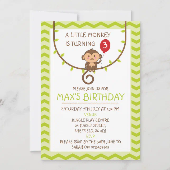 Monkey themed birthday party invitation | Zazzle
