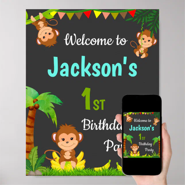 Monkey welcome party sign Boy jungle party poster | Zazzle