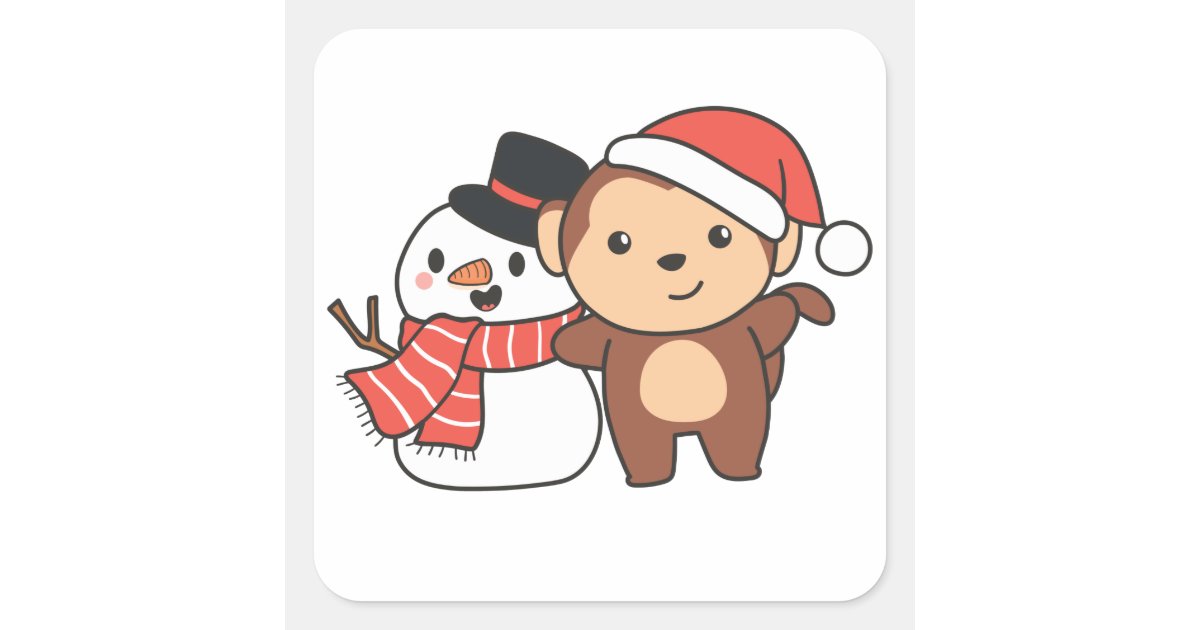 Monkey With Snowman In Winter For Christmas Square Square Sticker | Zazzle