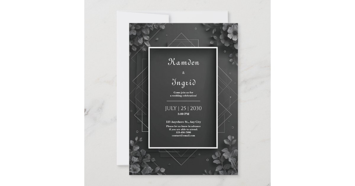 Monochromatic Black Floral Geometric Wedding Invitation | Zazzle