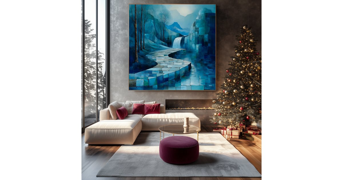 Monochromatic Blue Abstract Waterfall Landscape Canvas Print | Zazzle